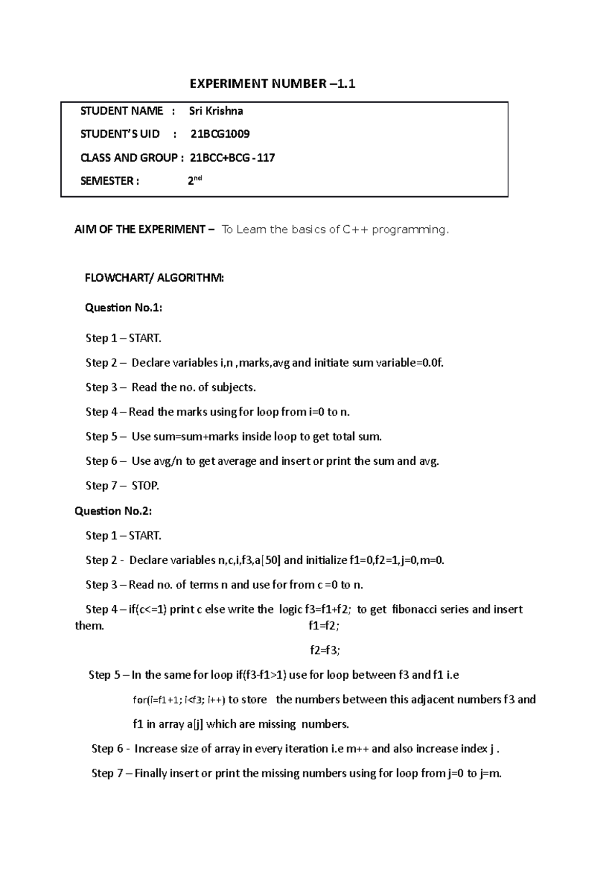 OOPS 1.1 worksheet - EXPERIMENT NUMBER –1. STUDENT NAME : Sri Krishna ...