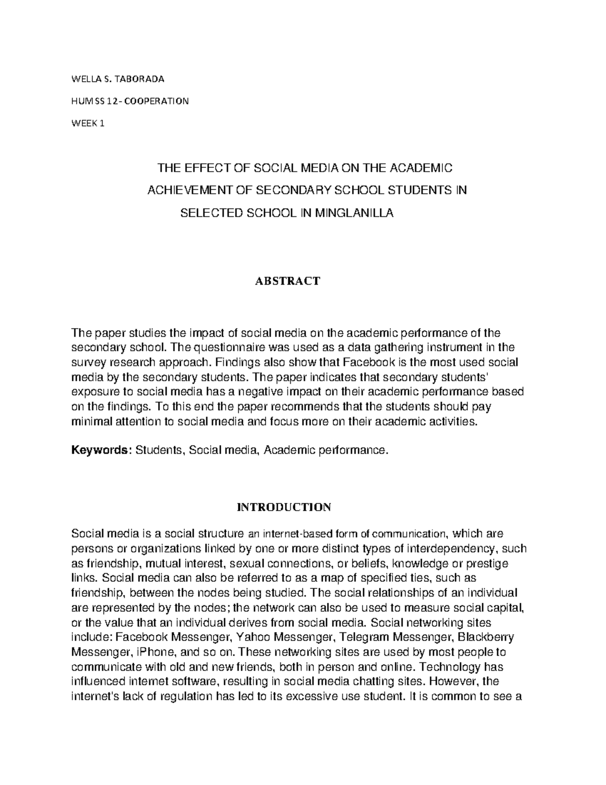 Practical Research Imrad I - WELLA S. TABORADA HUMSS 12- COOPERATION ...