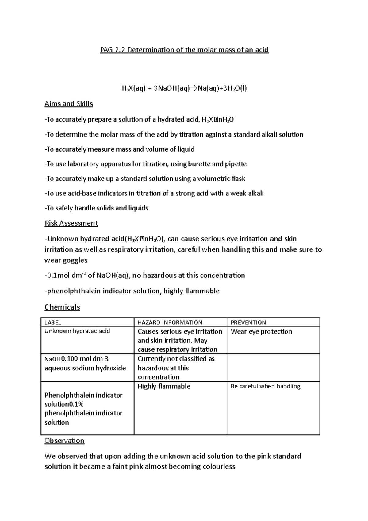 Document 4 - module PAG assignments - PAG 2 Determination of the molar mass of an acid H 3 X(aq ...