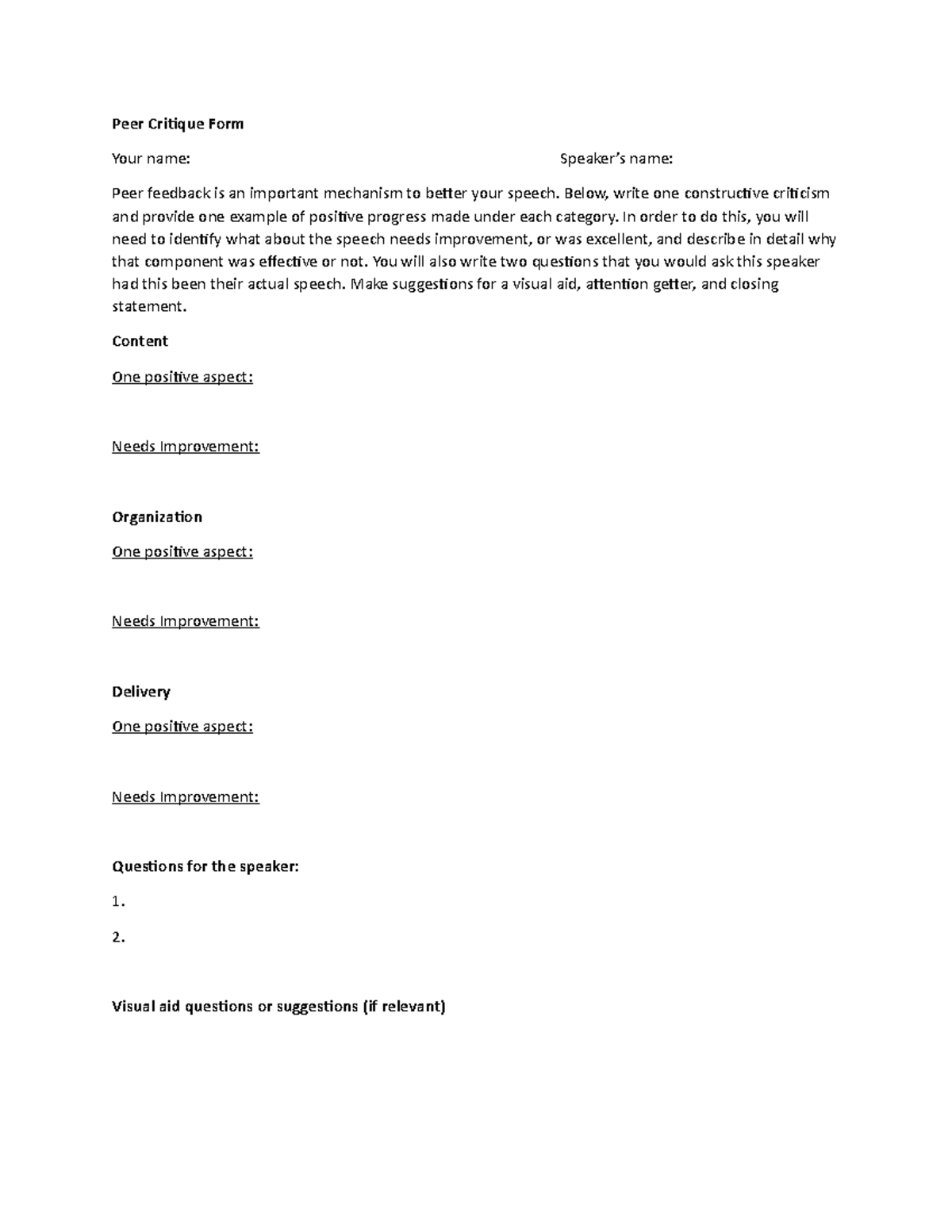 Peer Critique Form (Blank) - Peer Critique Form Your name: Speaker’s ...