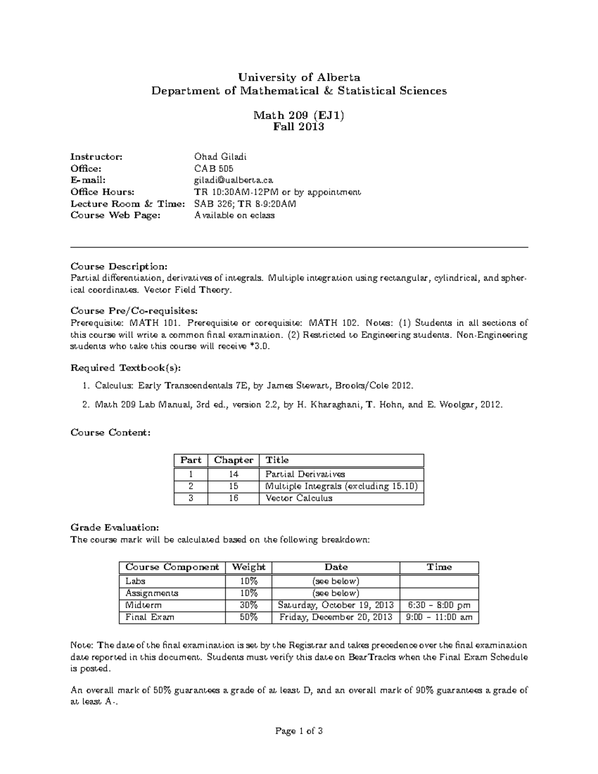 MATH 209 syllabus - University of Alberta Department of Mathematical ...