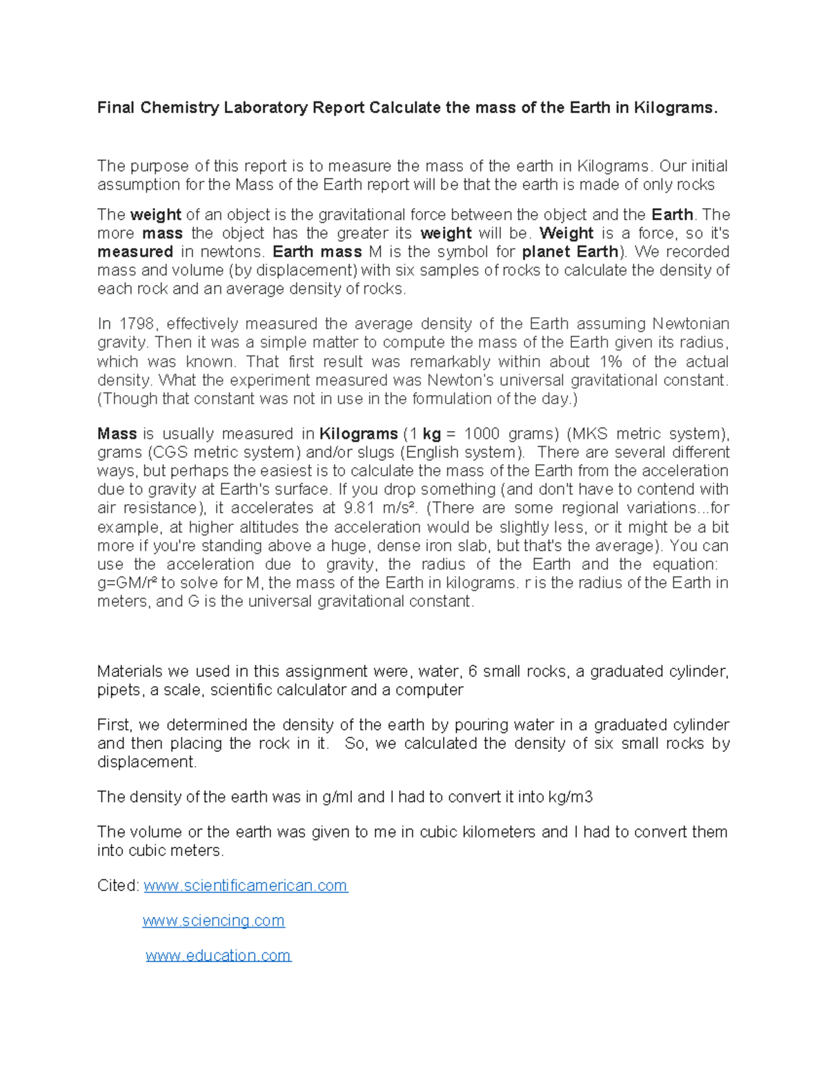 Earth Proyect - FINAL ASSIGNMENT - Final Chemistry Laboratory Report ...
