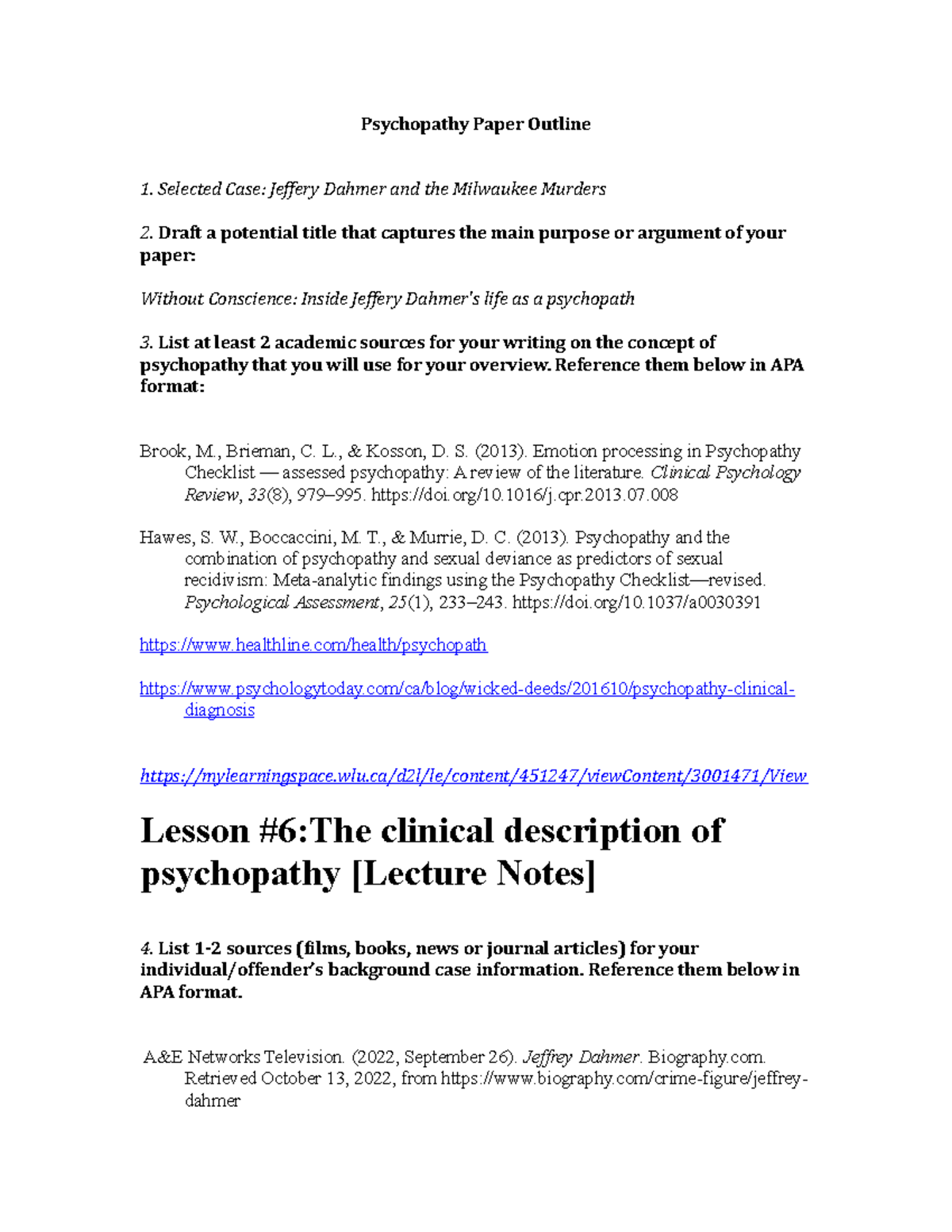 Psychopathy Paper Outline - Psychopathy Paper Outline Selected Case ...