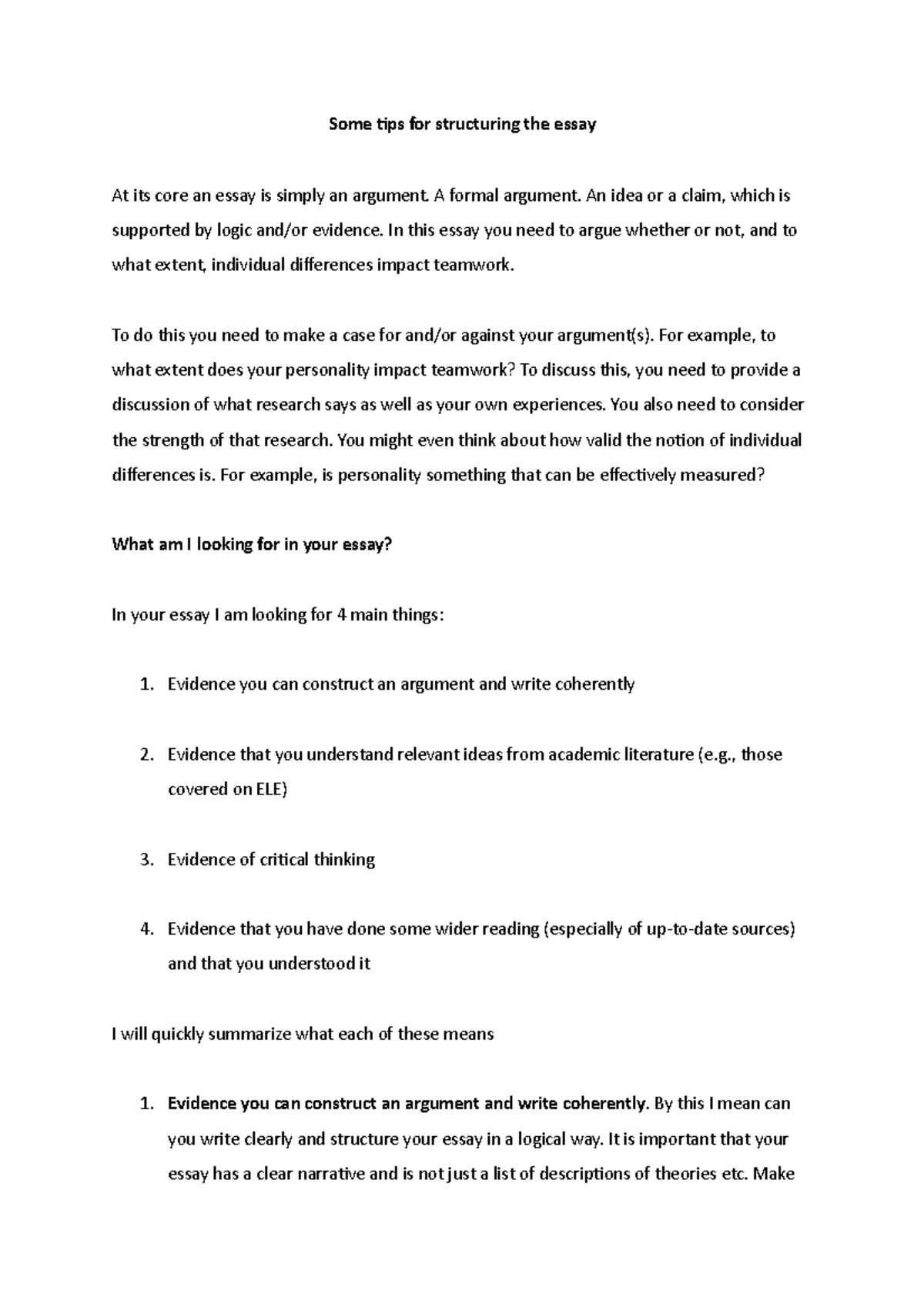 Some tips for structuring the essay - A formal argument. An idea or a ...