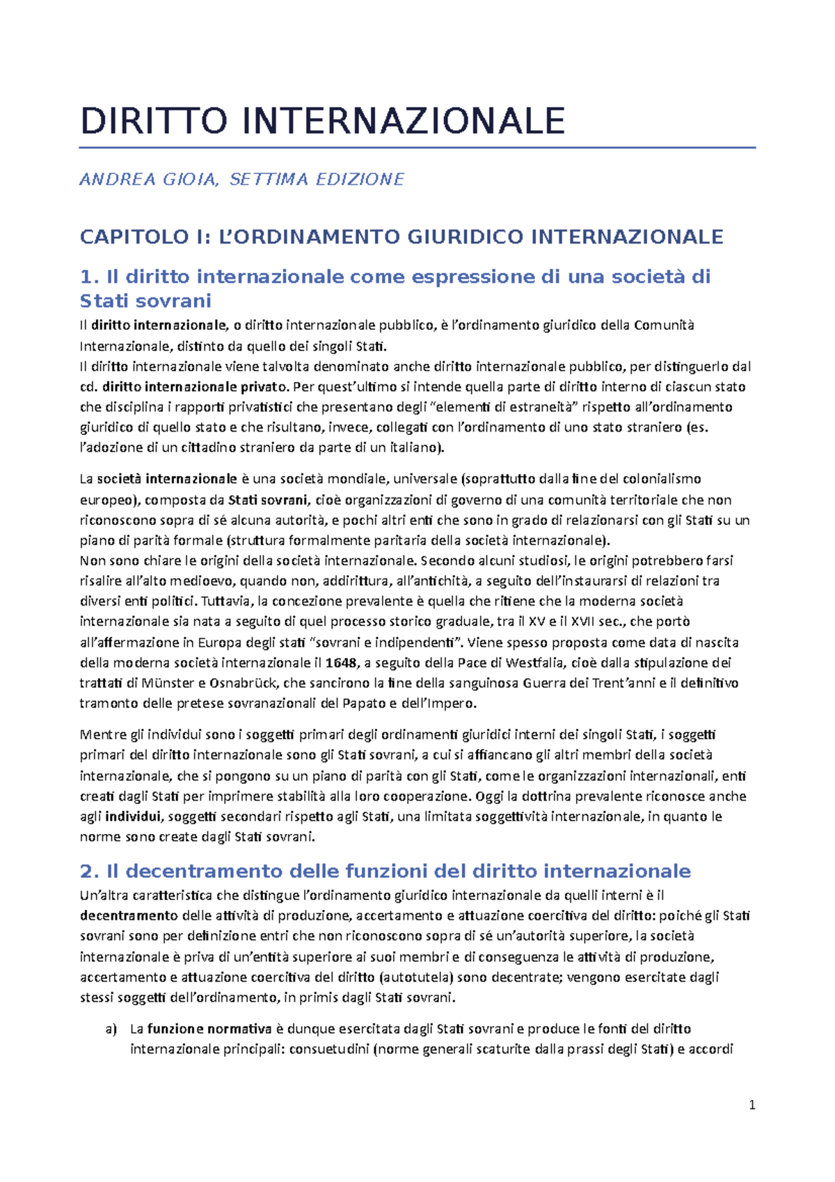 Riassunti diritto internazionale - DIRITTO INTERNAZIONALE ANDREA GIOIA ...