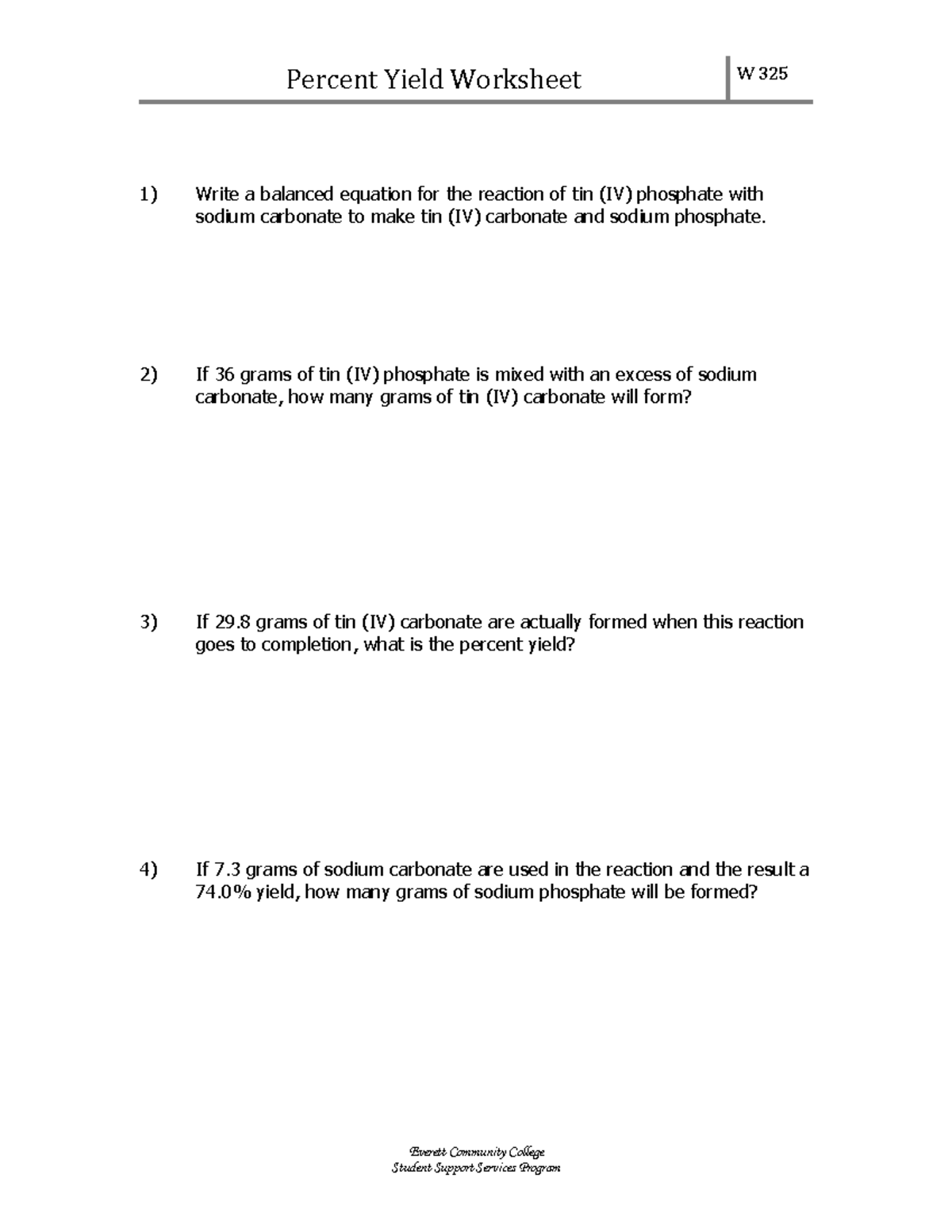W325 percent yield worksheet - Percent Yield Worksheet W 325 Everett ...
