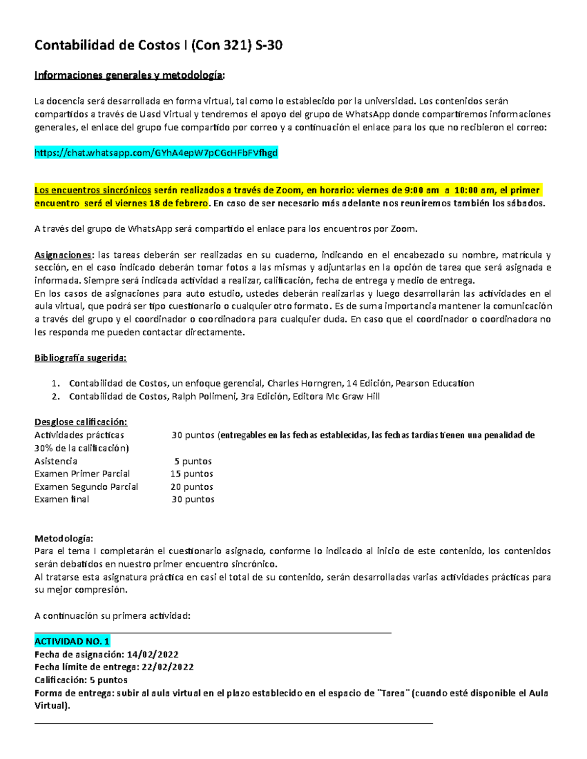 Informaciones generales Costos I, S 30Informaciones generales Costos I ...