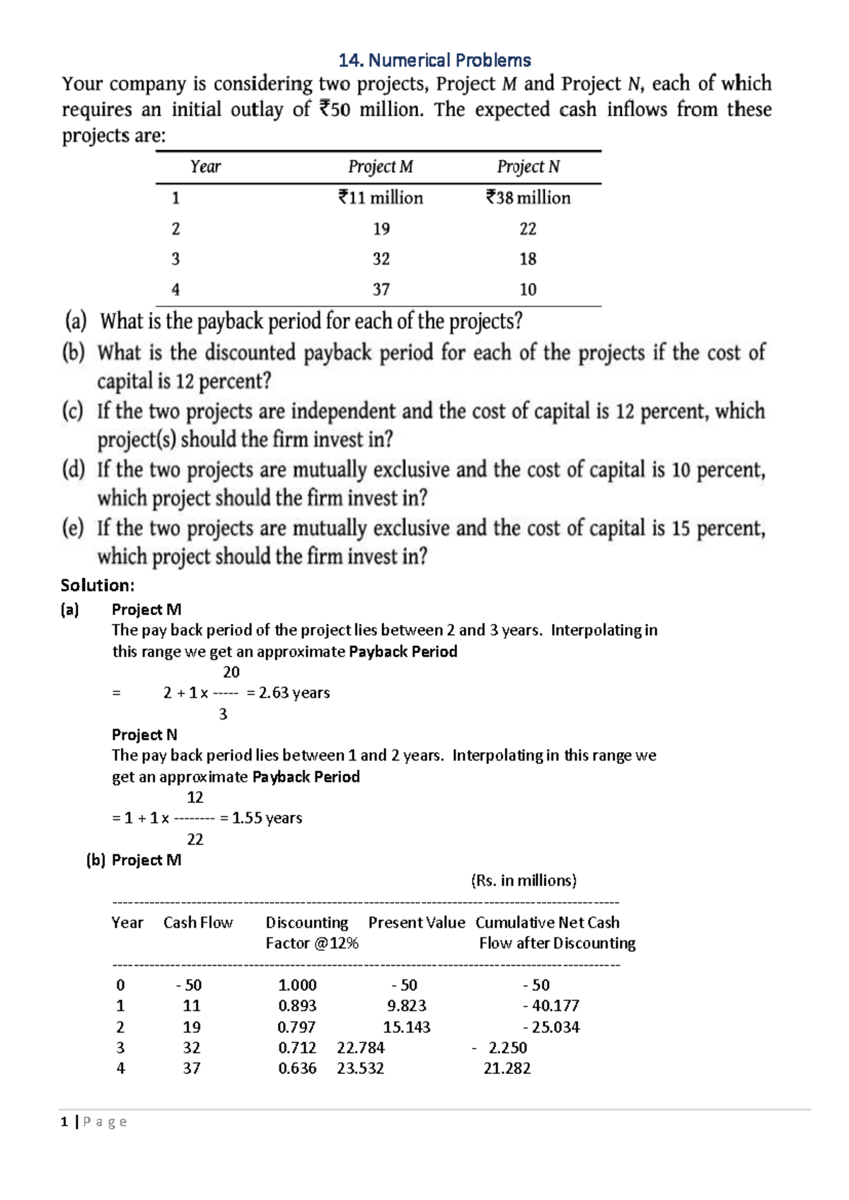 Numerical Problems - 14. Numerical Problems Solution: (a) Project M The ...
