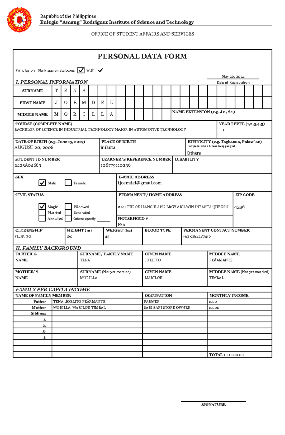 Personal Data Form - Notes - Republic of the Philippines Eulogio ...