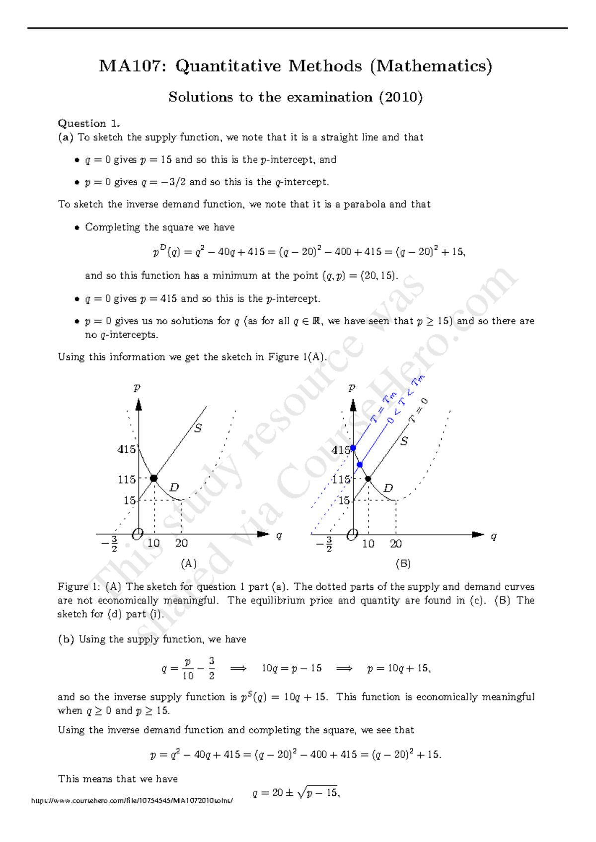 Exam 2010, answers - MA107: Quantitative Methods (Mathematics) Solutions to the examination ...