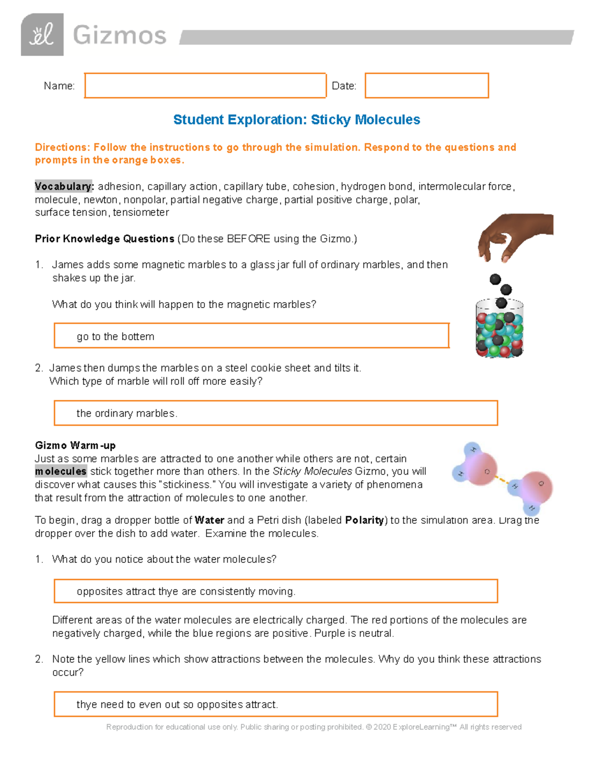 Aubrey Powell - Gizmo Sticky Molecules - 3448796 - Name: Date: Student ...