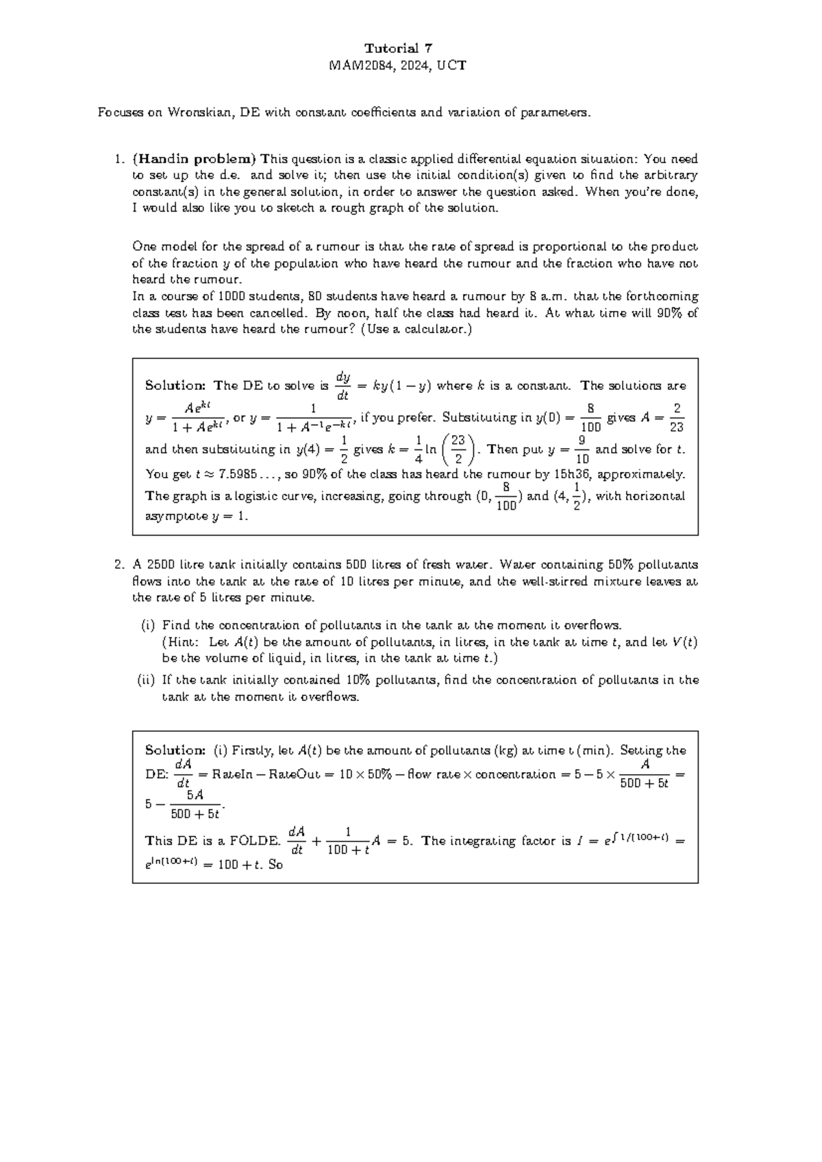 Tut 7 memo - TUT 7 MEMO - Tutorial 7 MAM2084, 2024, UCT Focuses on Wronskian, DE with constant ...