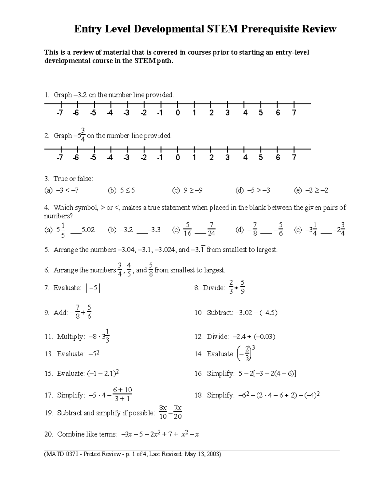 Entry MATD STEM Prerequisite Review - Entry Level Developmental STEM ...