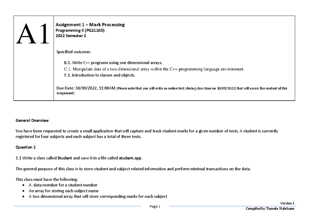 PG2116D2022S2 Assignment 1v1 - Page 1 Version 1 A 1 Assignment 1 – Mark Processing Programming ...