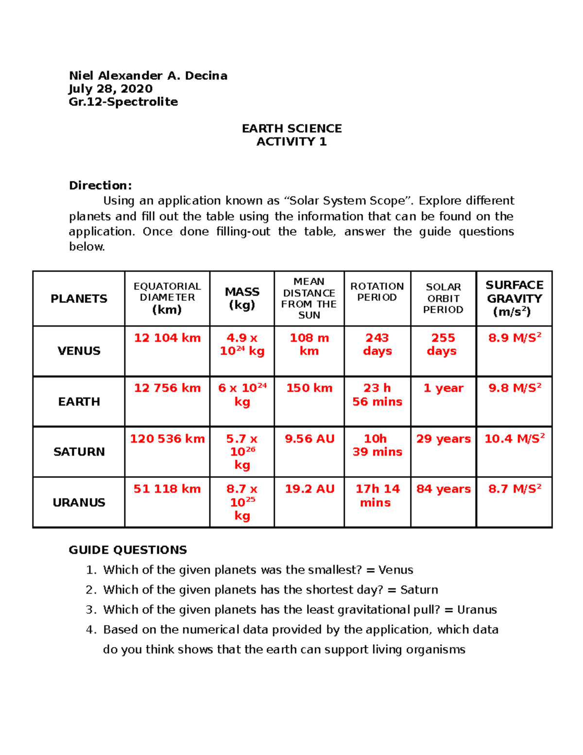 Earth Science Activity 1 - Niel Alexander A. Decina July 28, 2020 Gr ...