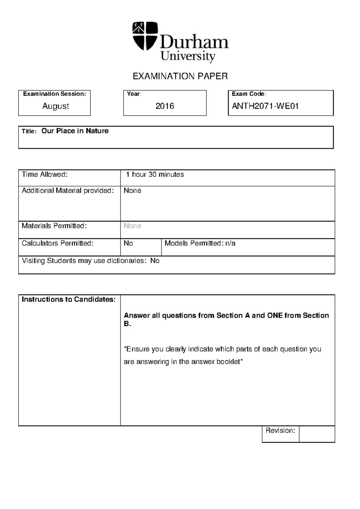 Exam 2016, questions - EXAMINATION PAPER Examination Session: Year ...