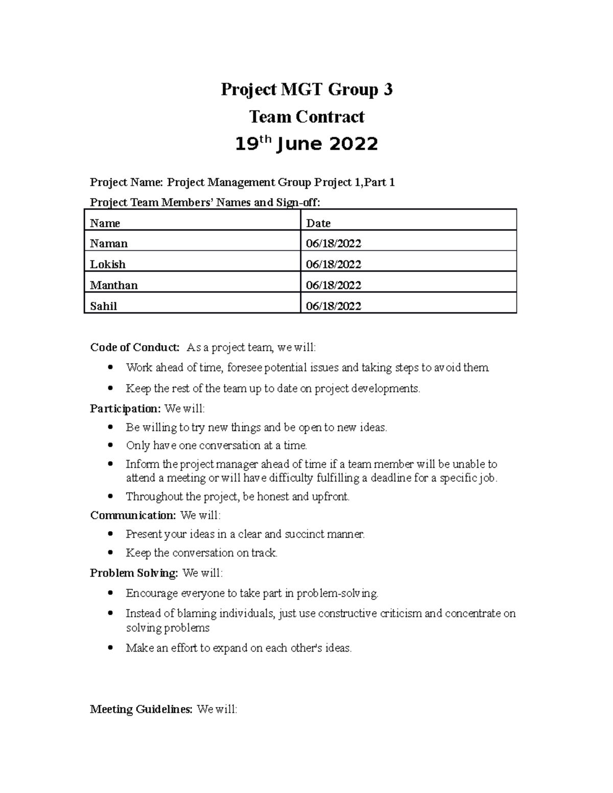 Team Charter and Pledge Form - Project MGT Group 3 Team Contract 19 th June 2022 Project Name ...