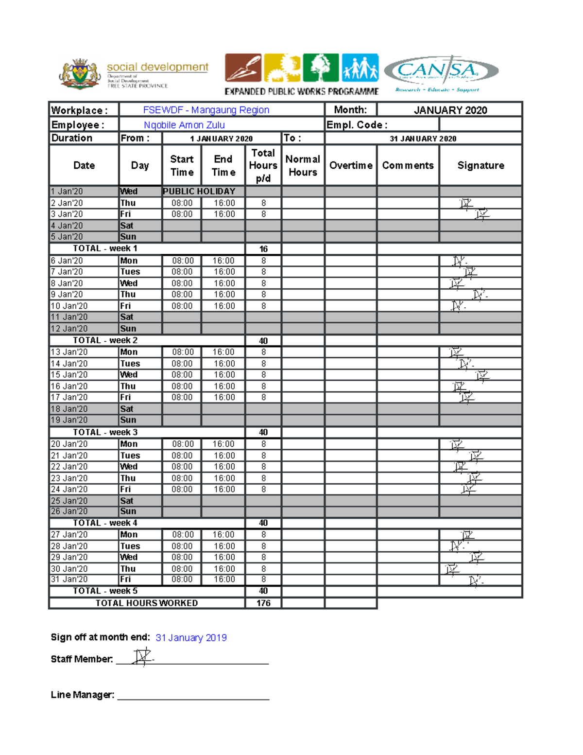 2020 JAN - Workplace : Month: Employee : Empl. Code : Duration From ...