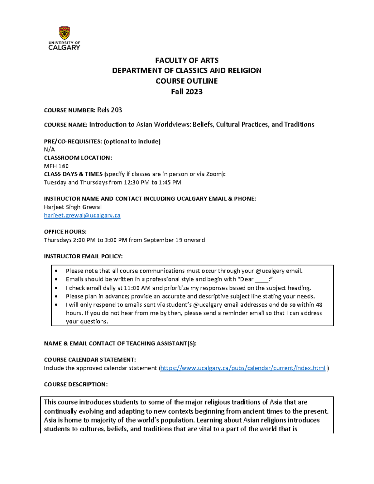 RELS 203 APRV Grewal - rels 203 course outline - FACULTY OF ARTS DEPARTMENT OF CLASSICS AND ...