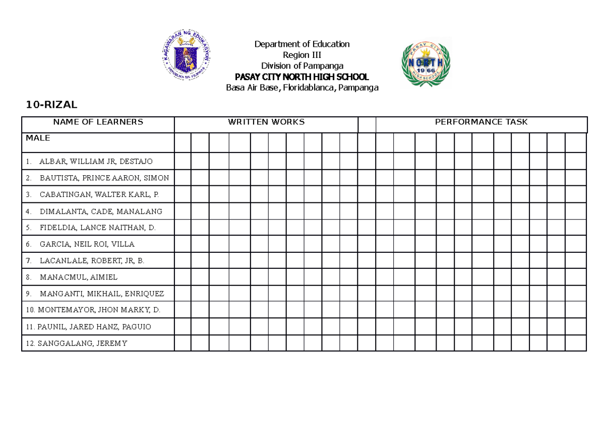 Grading Sheet SY 2023-2024 - Region III Division of Pampanga PASAY CITY ...