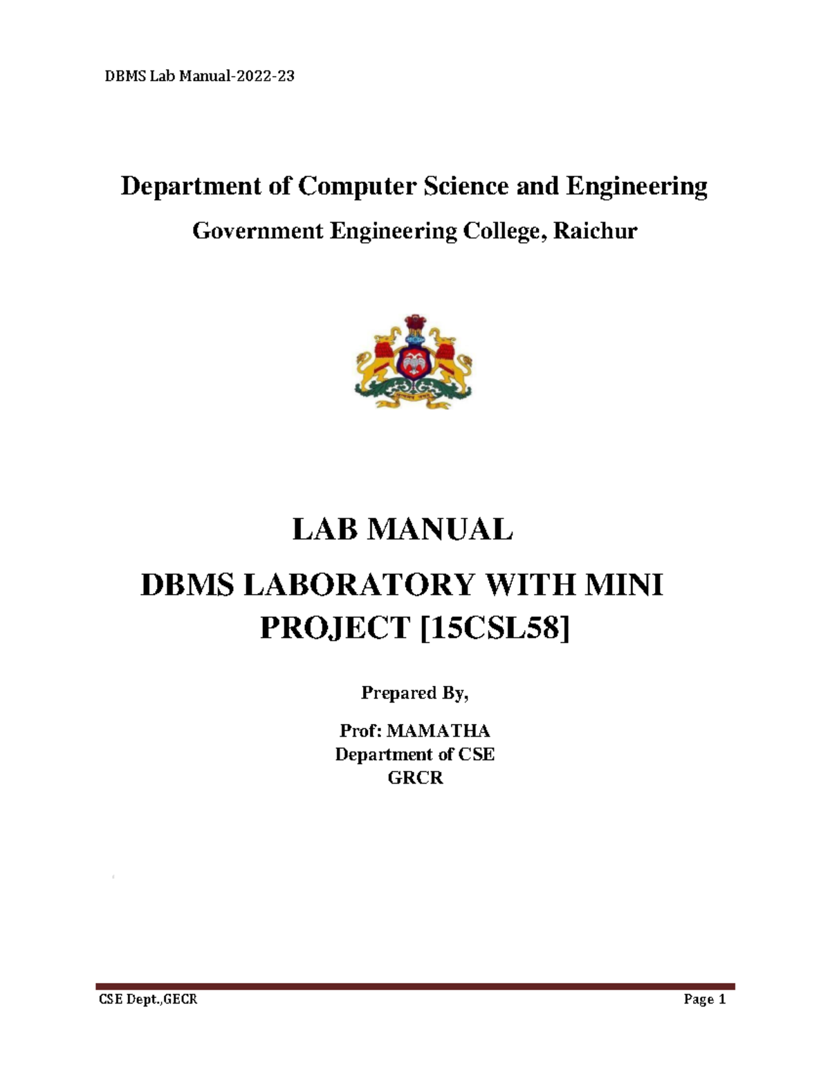 Dbmslabmanual - DATABASE MANAGEMENT SYSTEM LAB MANUAL - Department of Computer Science and - Studocu