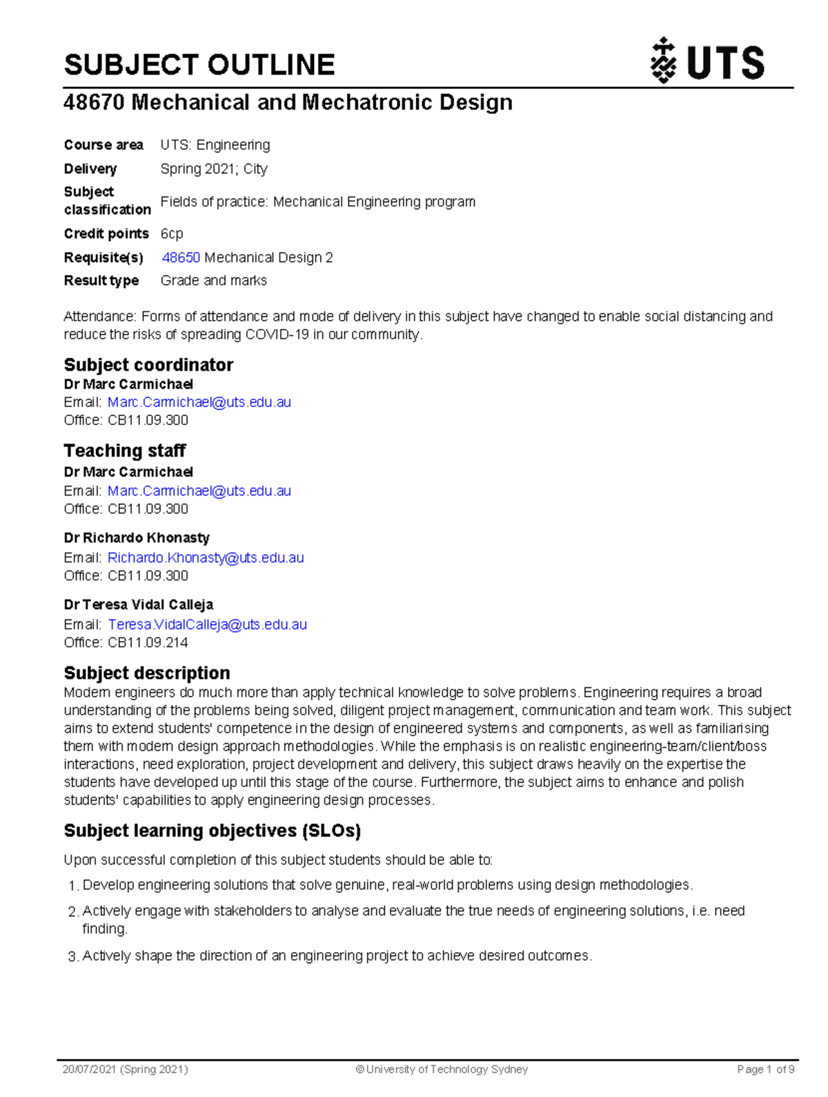 Mechanical & Mechatronic Design - Subject Outline - Spring 2021 ...