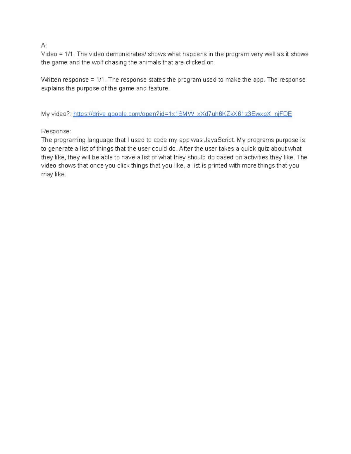 CSCI Video Game Draft Part A - A: Video = 1/1. The video demonstrates ...