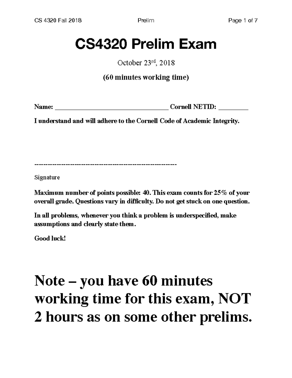 FA18 Prelim 1 (Solved) - CS4320 Prelim Exam October 23rd, 2018 (60 ...