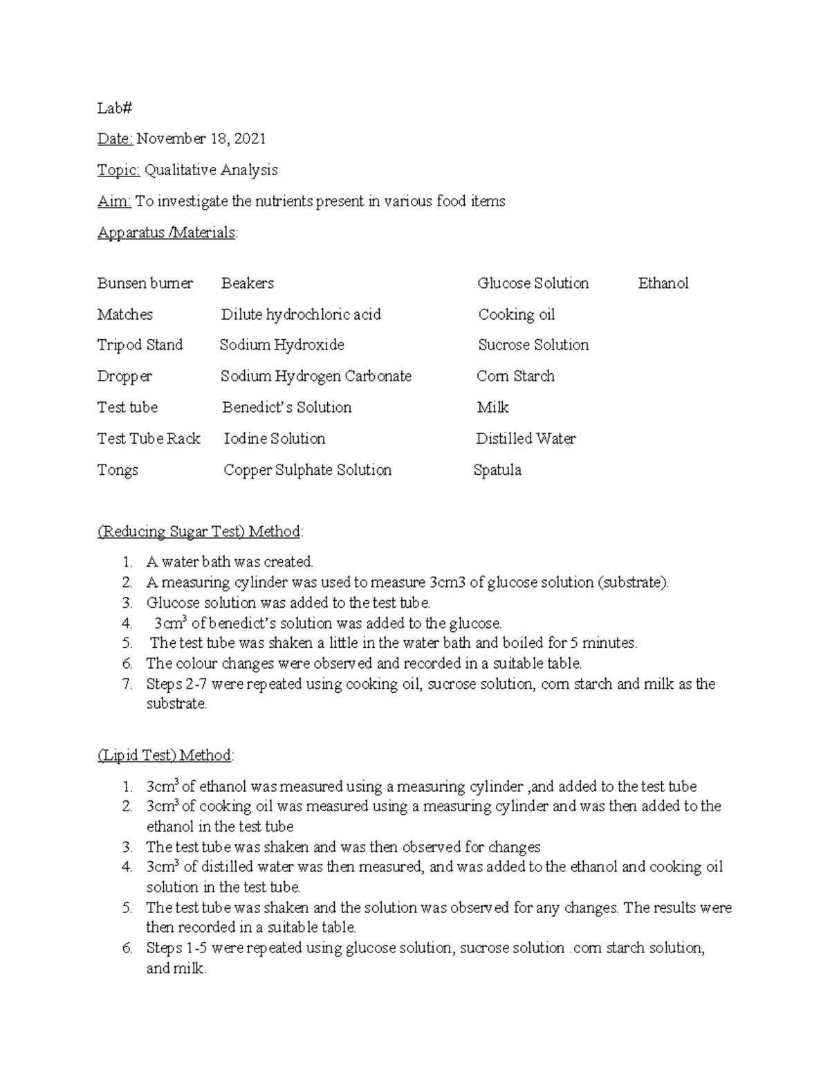 Food Test IA - Outlines and provides the information for each food test ...