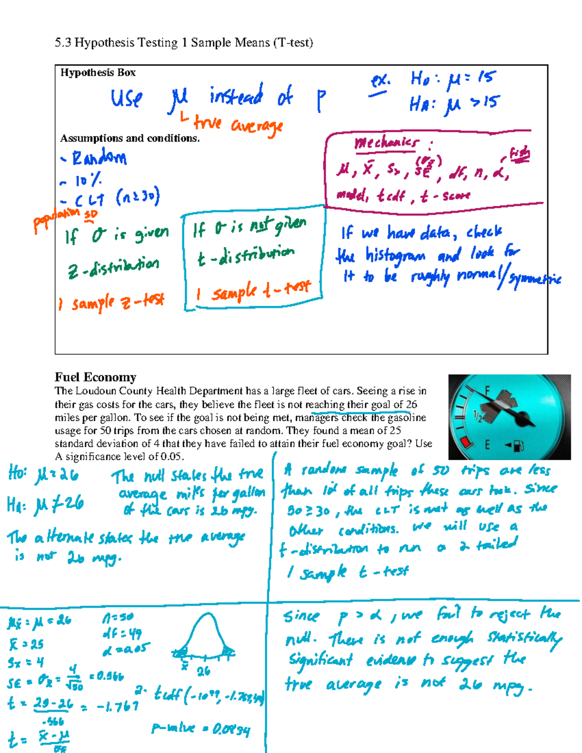 Stats notes from McGee - 5 .3 Hypothesis Testing 1 Sample Means (T-test ...