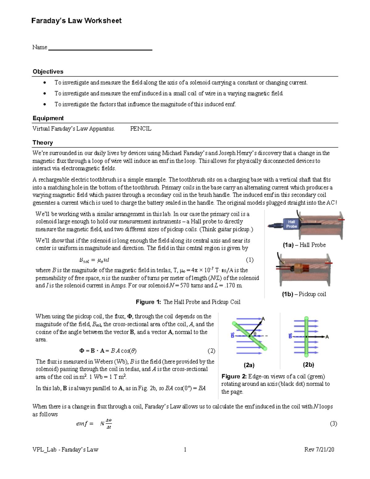 Faradays Law Worksheet - VPL_Lab - Faraday’s Law 1 Rev 7 / 21 / 20 Name ...
