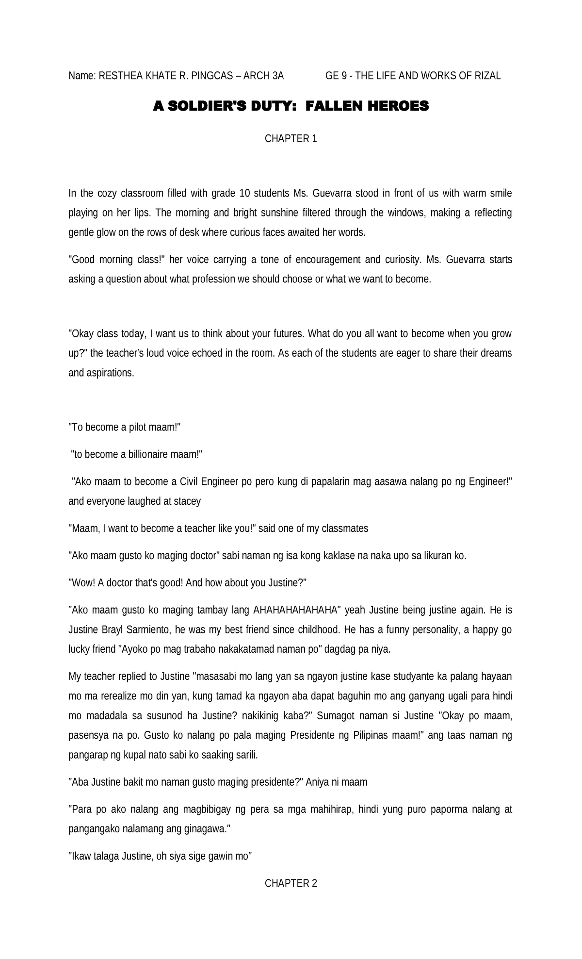 Soldier - short story - Name: RESTHEA KHATE R. PINGCAS – ARCH 3A GE 9 ...