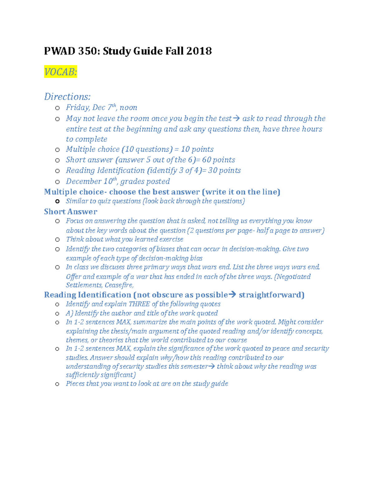 PWAD 350 Final SG - PWAD 350: Study Guide Fall 2018 VOCAB: Directions ...