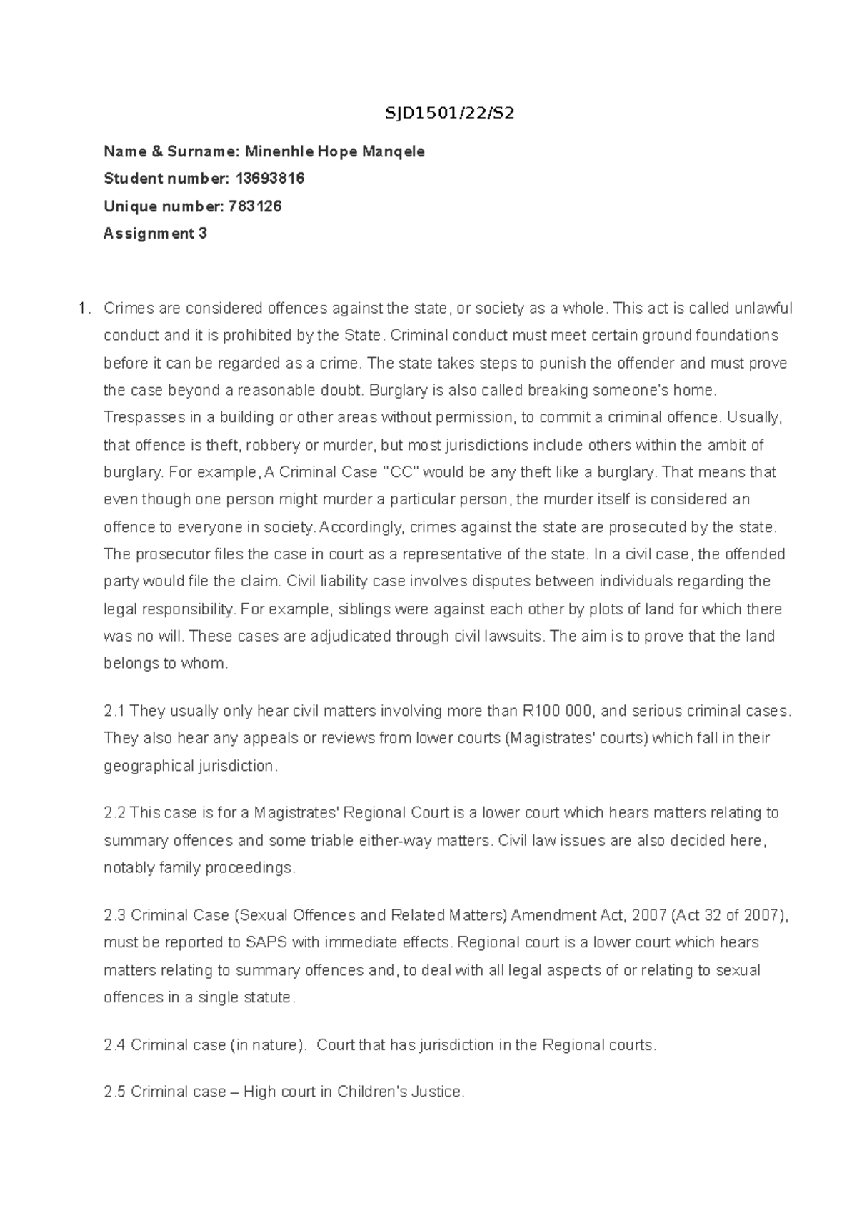 SJD1501 Word - Notes - SJD1501/22/S Name & Surname: Minenhle Hope ...