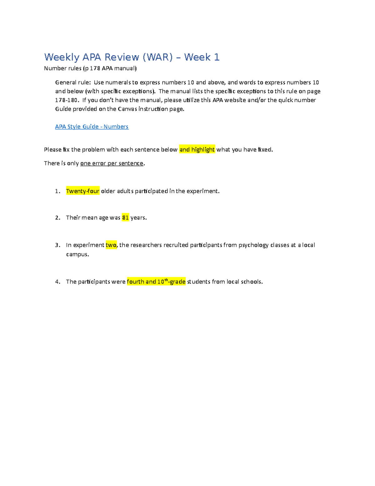 Weekly APA Review - Week 1 - Weekly APA Review (WAR) – Week 1Number ...