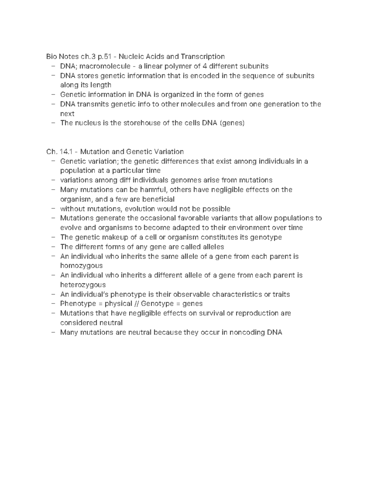 Bio Notes ch.3 p.51 - Nucleic Acids and Transcription