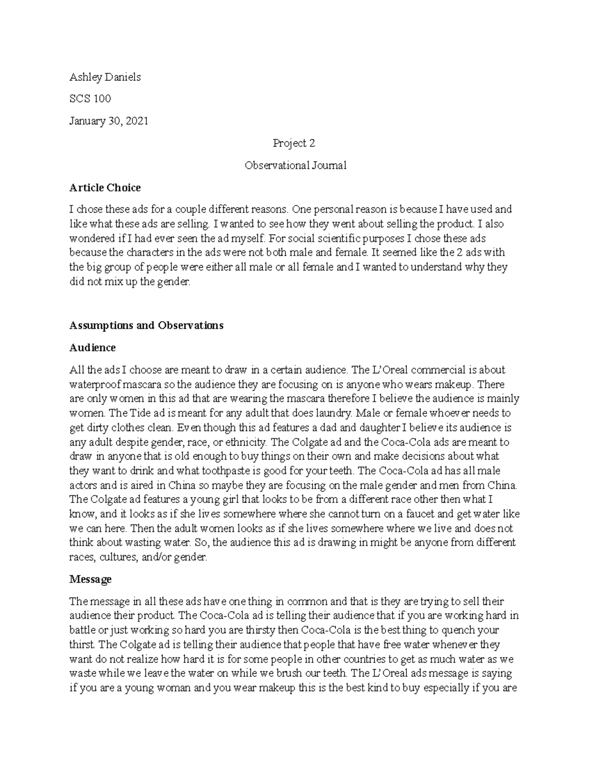 Observation journal - Ashley Daniels SCS 100 January 30, 2021 Project 2 ...