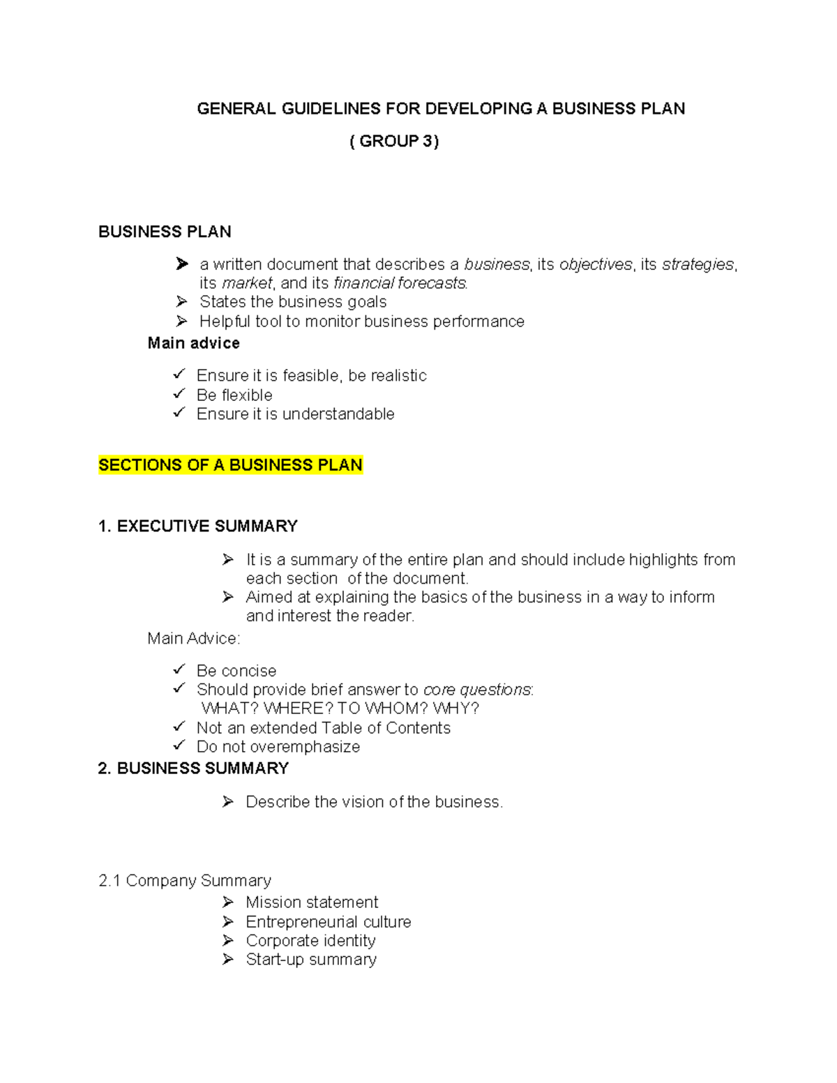 Week 3- Business Plan - GENERAL GUIDELINES FOR DEVELOPING A BUSINESS ...