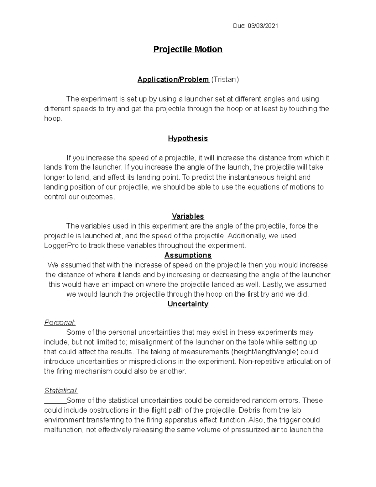 Projectile Motion Lab - Lab Report - Due: 03/03/ Projectile Motion ...