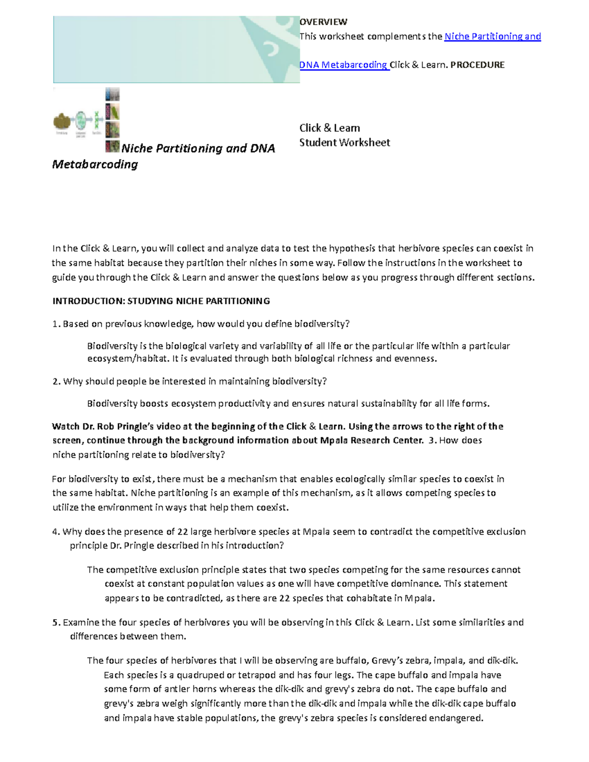 Week 10 Lab Worksheet - lab work - Niche Partitioning and DNA ...