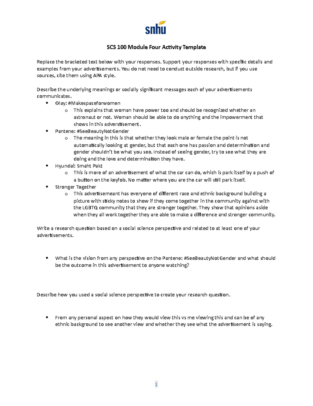 SCS 100 Module Four - mod 4 assignment - SCS 100 Module Four Activity Template Replace the ...
