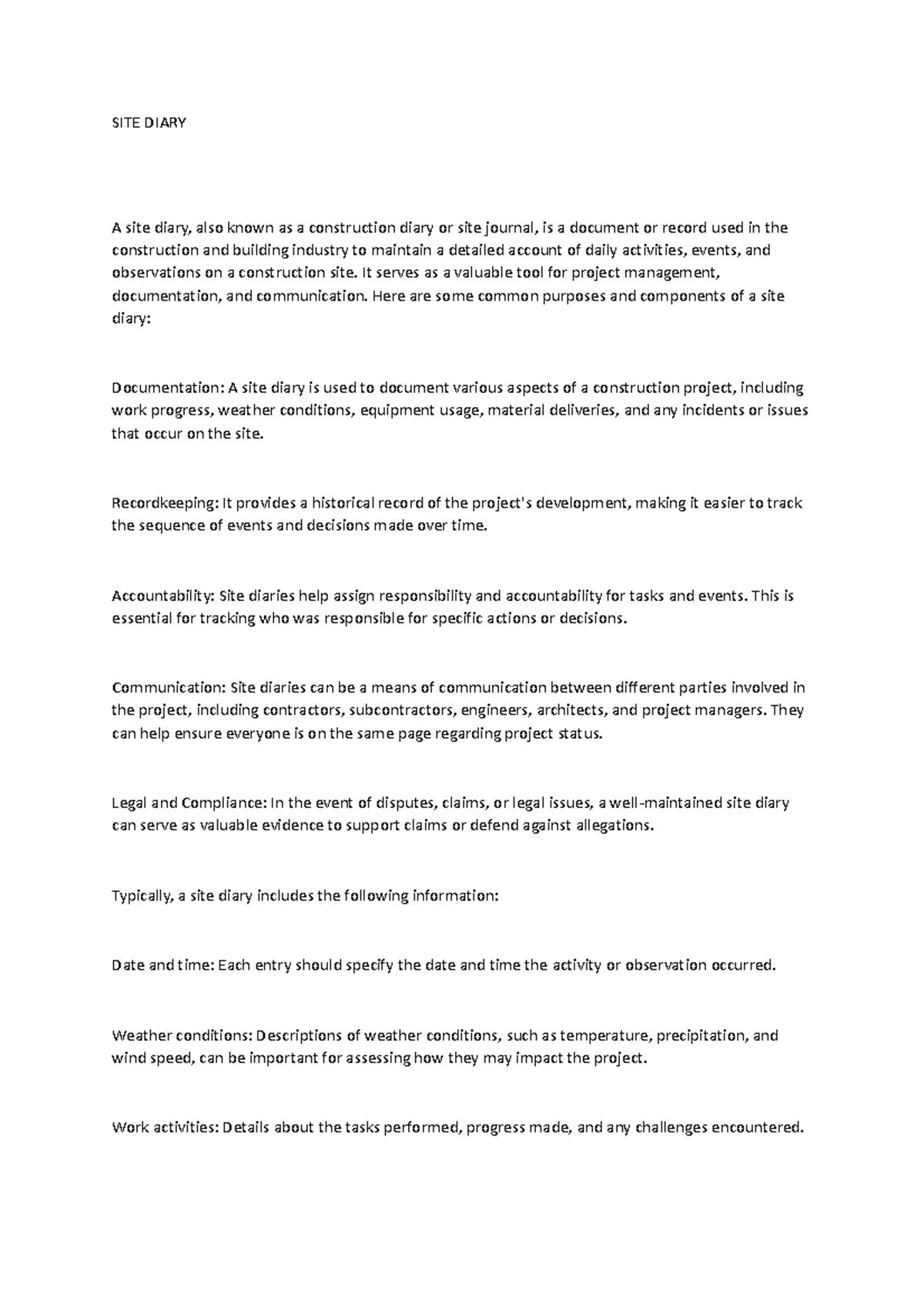 SITE Diary - Summary Civil engineering - SITE DIARY A site diary, also ...