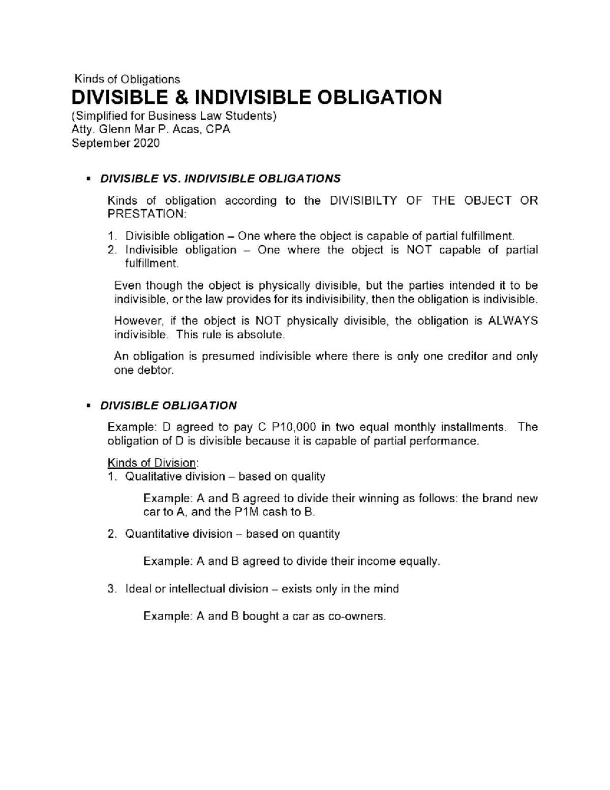 04D Divisible Indivisible Obligations - Accountancy - Studocu