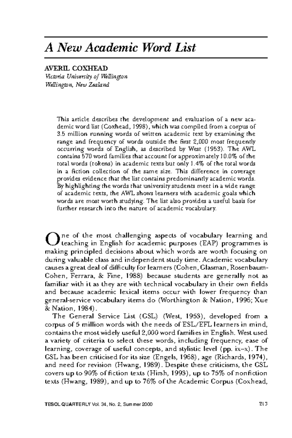 Coxhead-2000- Tesol Quarterly - TESOL QUARTERLY Vol. 34, No. 2, Summer ...