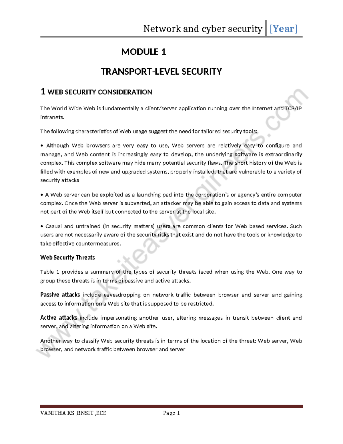 N1 watermark - Network security - MODULE 1 TRANSPORT-LEVEL SECURITY 1 WEB SECURITY CONSIDERATION ...
