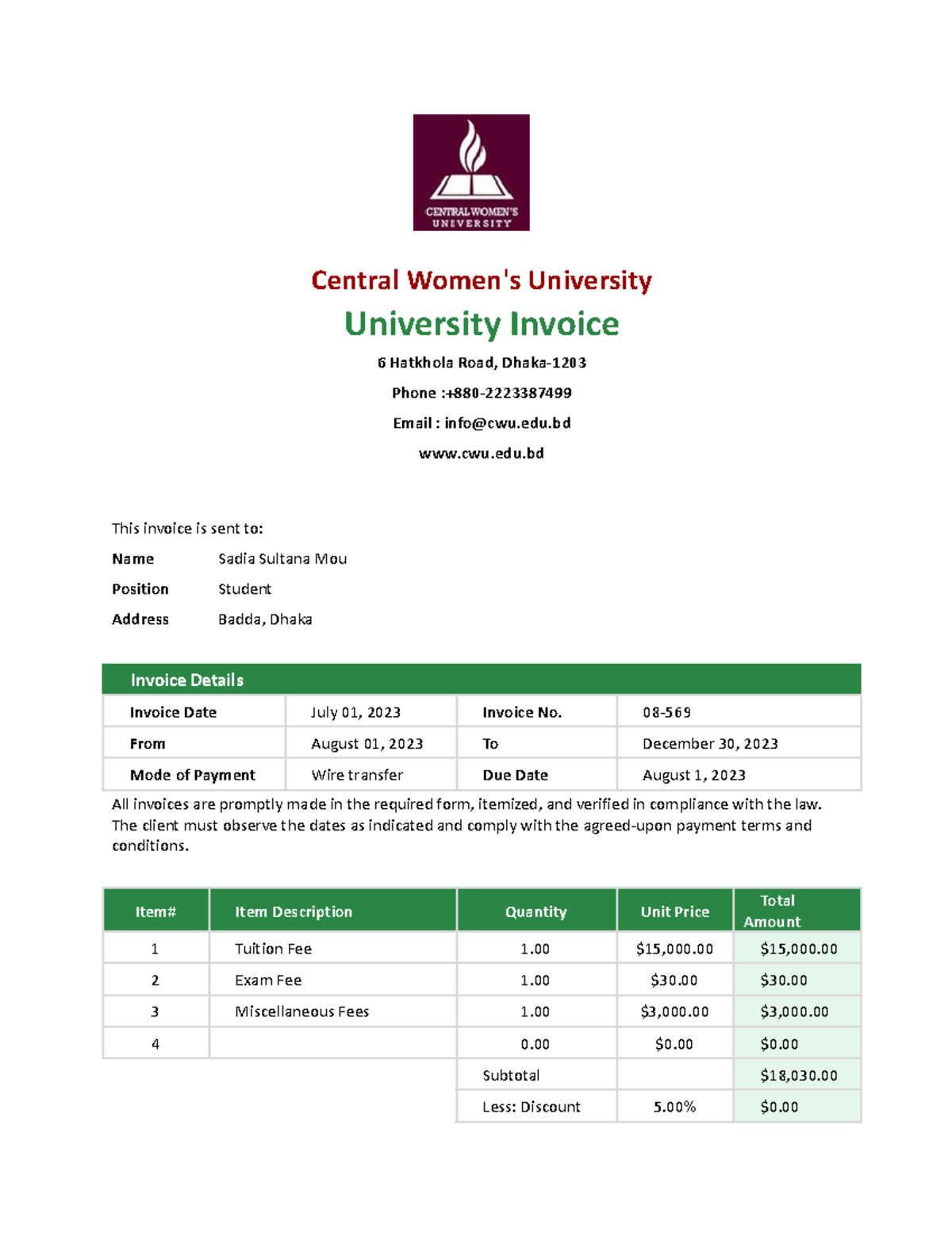 Sadia Sultana Mou invoice - Central Women's University University ...