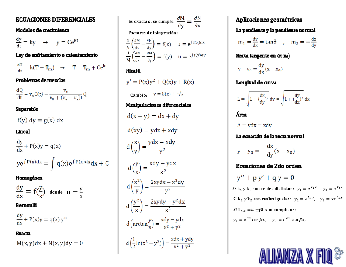 Formulario Ecuaciones Diferenciales - Warning: TT: undefined function: 32 ECUACIONES ...