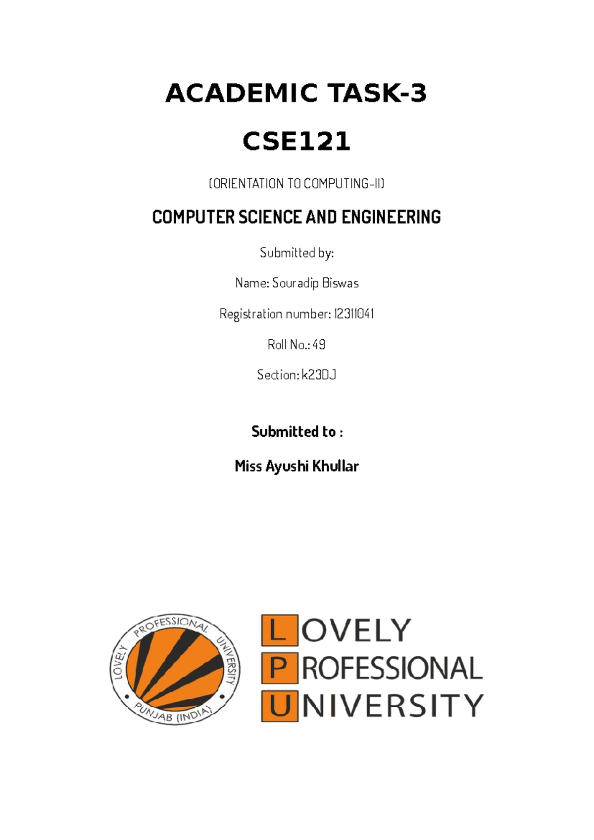 CA 3 template - lkdjfohohfuh - ACADEMIC TASK- CSE (ORIENTATION TO COMPUTING-II) COMPUTER SCIENCE ...