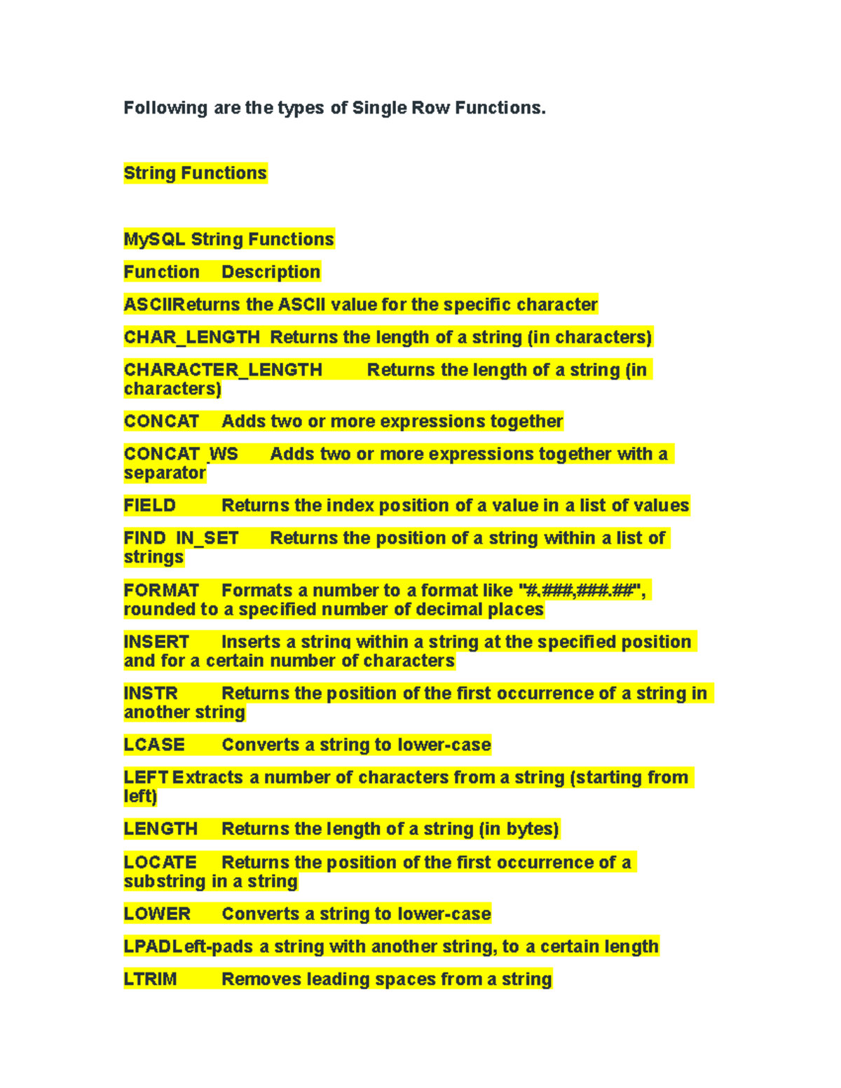 Numeric Functions Thisnis Ralated Other Following Are The Types Of Single Row Functions
