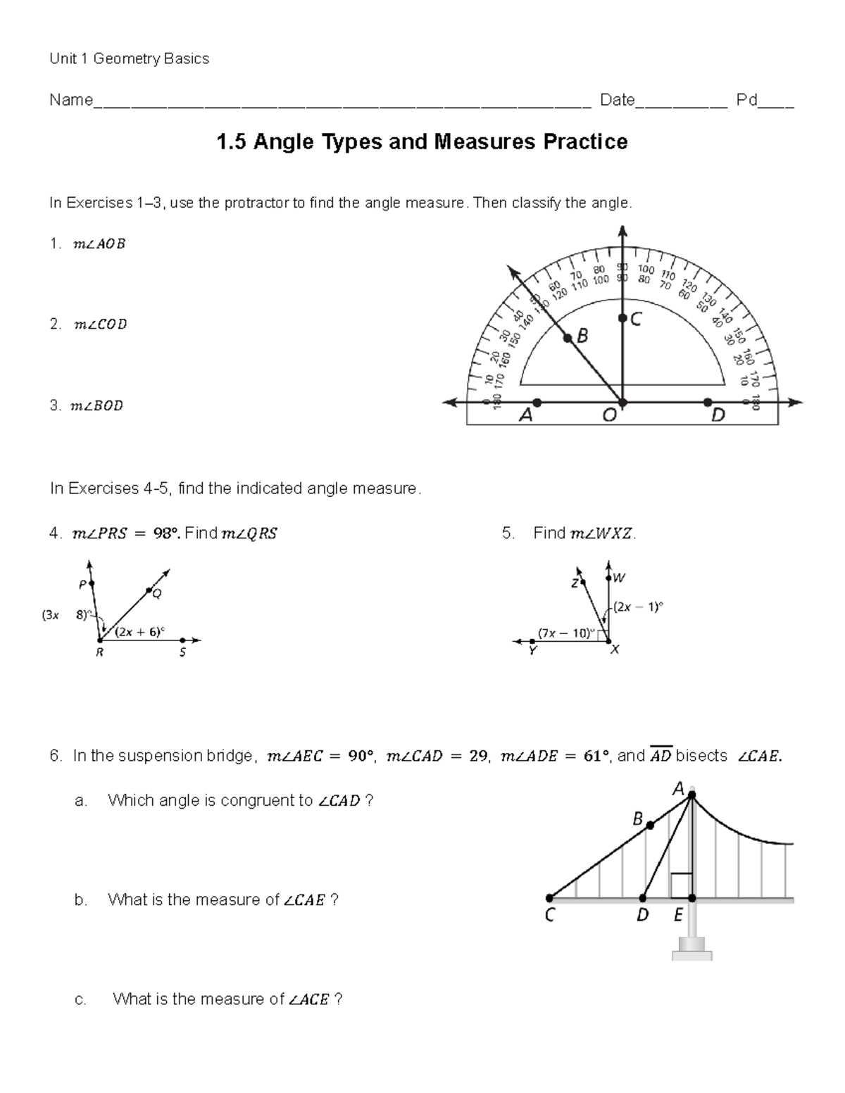 1.5 Angle Types and Measures Practice - Then classify the angle. 1. 𝑚∠𝐴𝑂𝐵 2. 𝑚∠𝐶𝑂𝐷 3. 𝑚∠𝐵𝑂𝐷 In ...